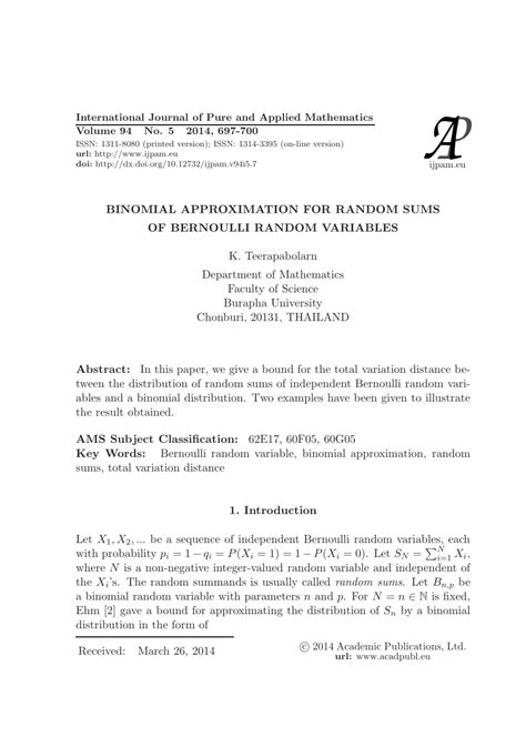 Pdf Binomial Approximation For Random Sums Of Bernoulli Random Variables