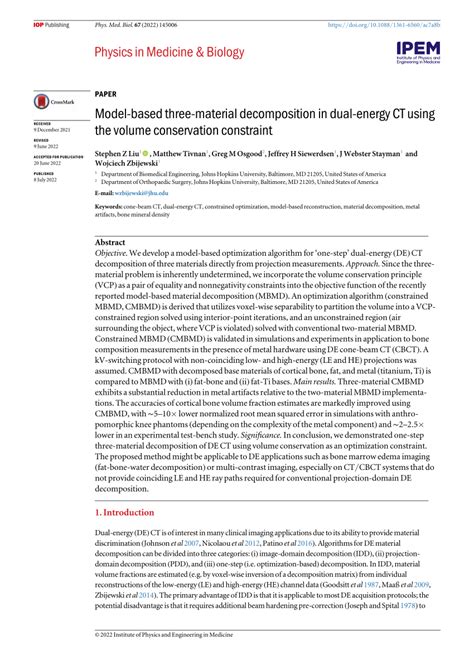 Model Based Three Material Decomposition In Dual Energy Ct Using The Volume Conservation