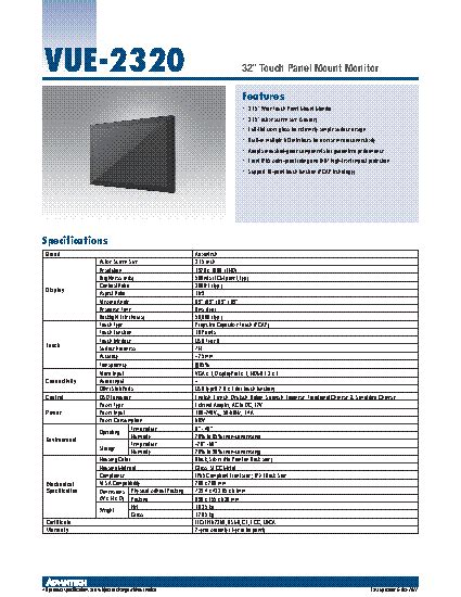 VUE 2320 Datasheet Advantech 32 FHD Touch Panel Mount Monitor 31 5