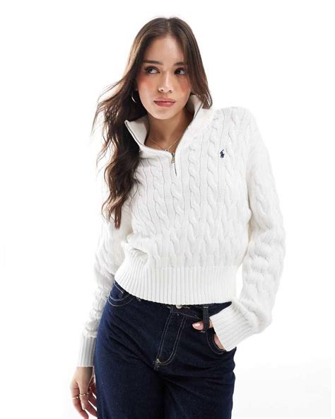 Polo Ralph Lauren Cable Knit Half Zip Jumper With Logo In White Lyst Uk