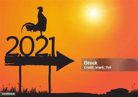 일출 배경에 숫자 2021에 닭 까마귀의 실루엣 새해 축하 컨셉 벡터 일러스트 수탉에 대한 스톡 벡터 아트 및 기타 이미지