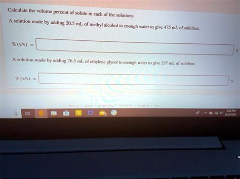 Calculate The Volume Percent Of Solute In Cach Of The Solutions A