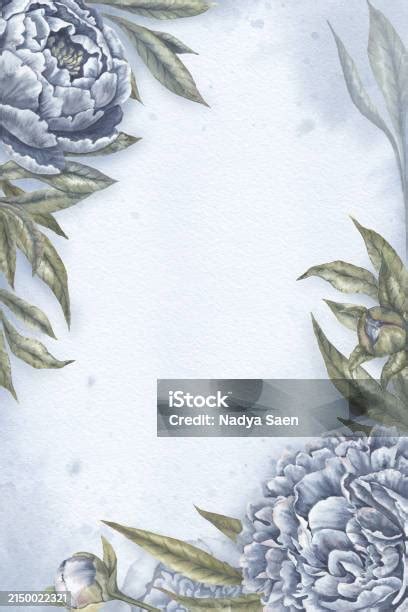 블루 모란 꽃 수채화 종이 질감 배경입니다 인디고와 녹색 손으로 그린 모란 그림 와 꽃 와 잎 와 카드 와 초대장 수직 템플릿