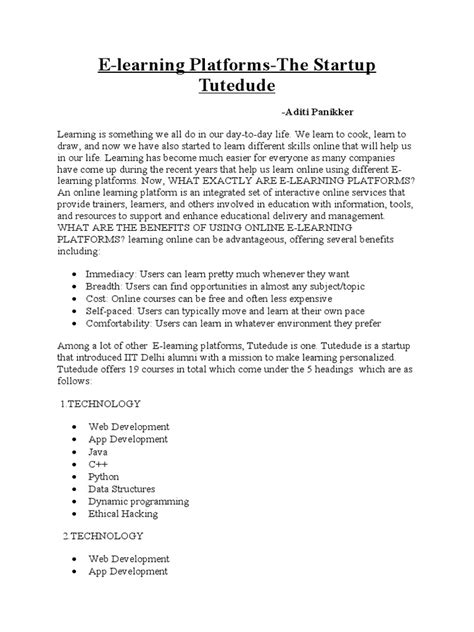 E Learning Platforms The Startup Tutedude Aditi Panikker Pdf Educational Technology