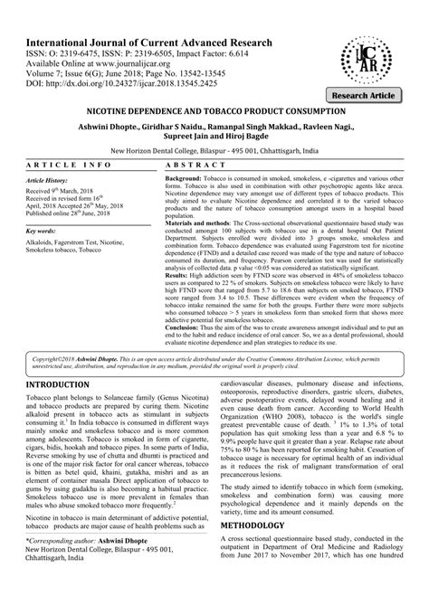Pdf Nicotine Dependency And Tobacco Consumption