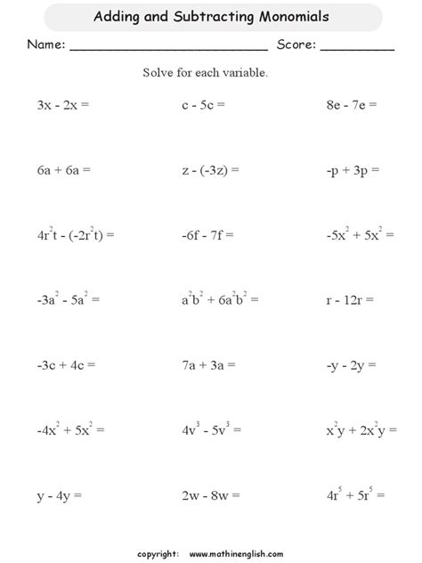 Add Subtract Monomials P6 Pdf Algebra Abstract Algebra