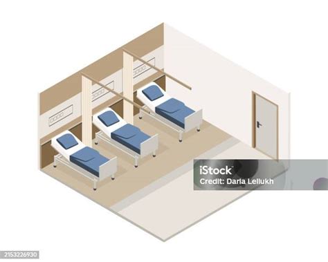 벡터 아이소 메트릭 낮은 폴리 미니멀리즘 의료 클리닉 인테리어 다양한 가구 현대 벡터 일러스트 레이 션입니다 공용 병실 0명에