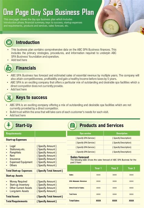 One Page Day Spa Business Plan Presentation Report Infographic Ppt Pdf
