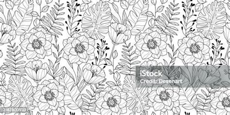 윤곽선 꽃 완벽 한 패턴 와 아름 다운 손 그려진 Botanicals 우아하고 귀여운 식물 자연의 섬세한 꽃 요소 인쇄 섬유 패션 미용 제품 포장지에 적합한 반복 가능한