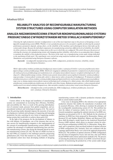 Pdf Reliability Analysis Of Reconfigurable Manufacturing System Structures Using Computer