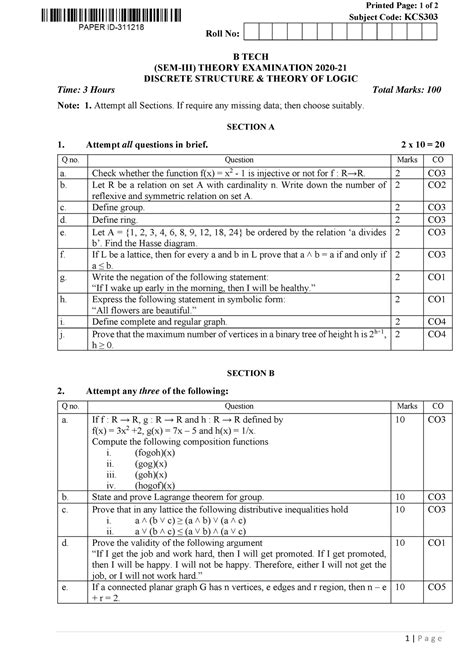 Btech Cs 3 Sem Discrete Structure And Theory Of Logic Kcs303 2021