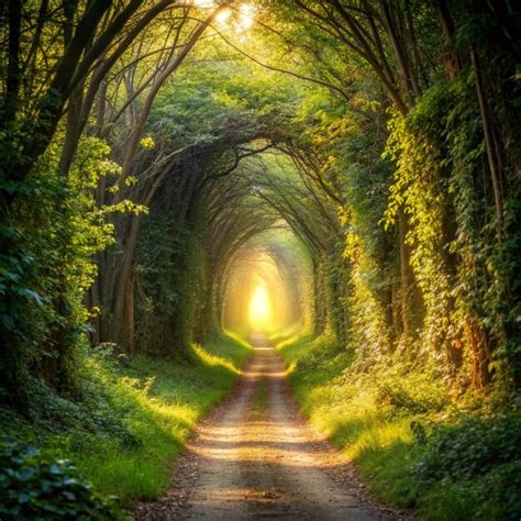 Enchanted Tunnel Path In The Forest Tunnel Like Path Covered With Bushes And Trees With Light At