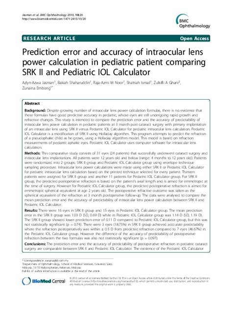 Pdf Prediction Error And Accuracy Of Intraocular Lens Power