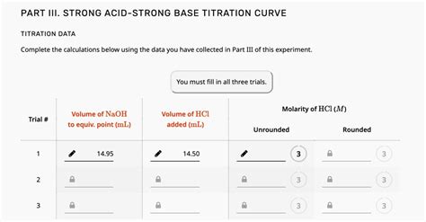 Part Iii Strong Acid Strong Base Titration Curve Titration Data Complete The Calculations Below