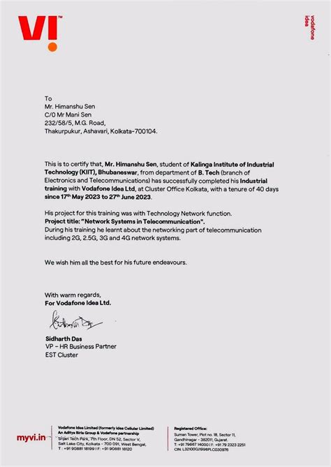 Industrialcertification Summerinternship Vodafoneidealimited Telecomindustry