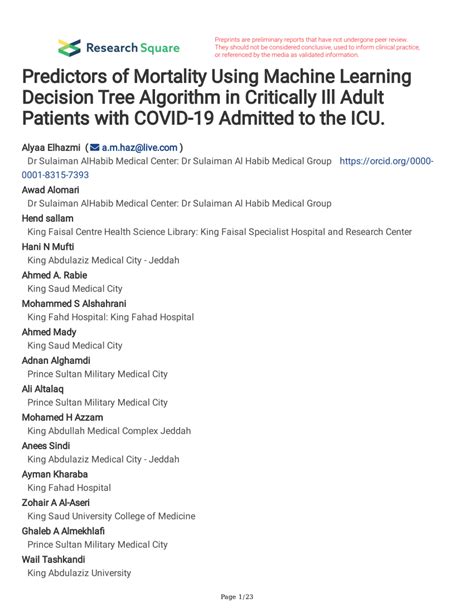 Pdf Predictors Of Mortality Using Machine Learning Decision Tree