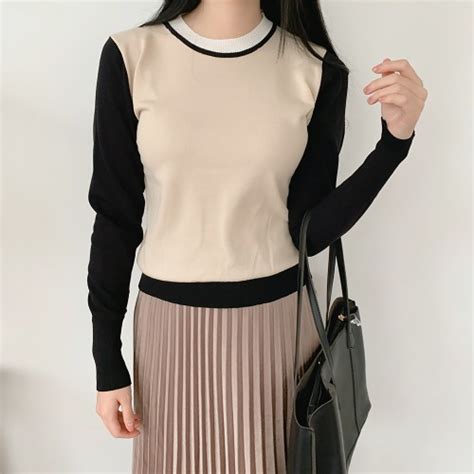 비스켓바스켓 렌브 배색 베이직 니트 2col