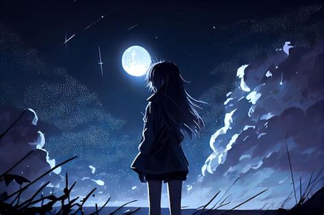 Premium Photo Alone Anime Girl In The Night Sky Generative Ai