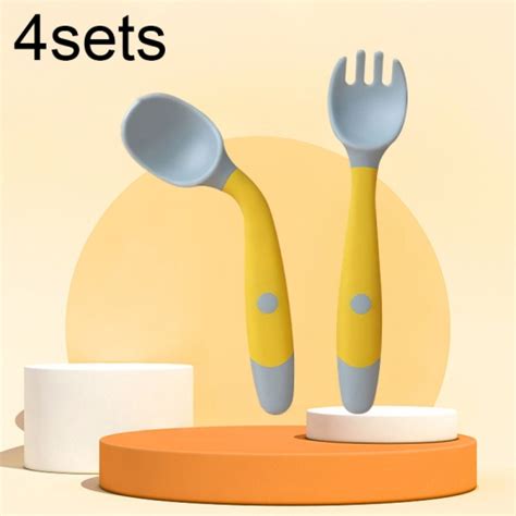 4sets 어린이 먹는 훈련 식기 아기 구부릴 수 있는 실리콘 소프트 스푼 색상 노란색
