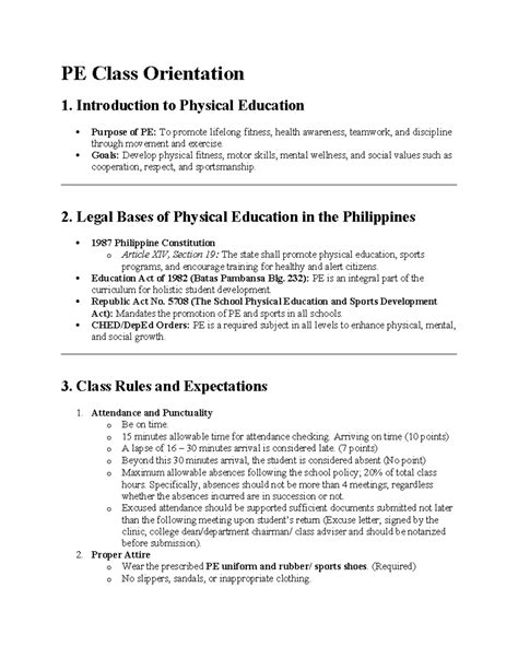 Pe 101 Class Orientation Rules And Grading System Overview Studocu
