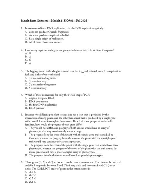 Sample Exam Qs Module 3 Bioa01 Fall 2024 2 Pdf Dna Replication