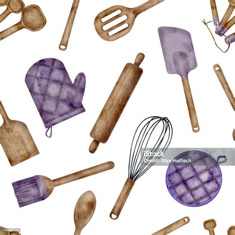 수채화 베이킹 기구 원활한 패턴 손으로 그린 롤링 핀 믹싱 스푼 페이스트리 브러시 오븐 장갑 거품기 흰색으로 분리된 주걱 요리