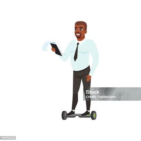 종이로 전기 Hoverboard에 아프리카계 미국 흑인 사업가 손에 태블릿 남자 자체 균형 스쿠터를 타고 웃 고 평면 벡터 디자인 검은색에 대한 스톡 벡터 아트 및 기타