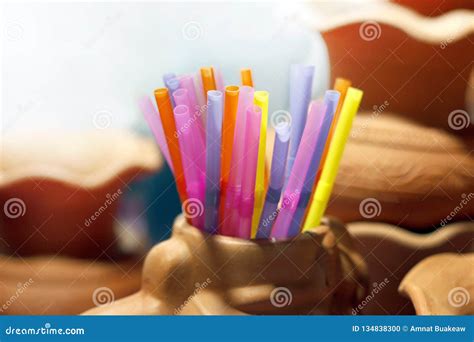 Straws Plastic In Pottery Pot For Sweet Juice At Night Market Street