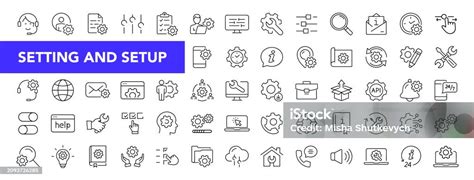 편집 가능한 획으로 설정된 설정 및 설정 아이콘 가는 선 아이콘 모음을 설정하고 설정합니다 벡터 일러스트 레이 션 선 아이콘에 대한 스톡 벡터 아트 및 기타 이미지 Istock