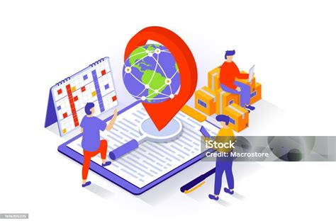 3d 등각 투영 설계의 운송 및 물류 개념입니다 글로벌 배송 서비스를 사용하여 골판지 패키지 및 소포를 배달하는 사람들 웹