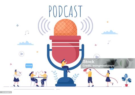 팟캐스트 배경 벡터 일러스트 는 헤드셋을 사용하여 오디오를 녹음하는 사람들 사운드 녹음 장비 및 마이크 개념으로 게스트 인터뷰