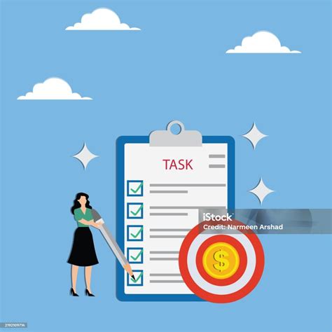 작업 또는 작업을 완료하고 작업 목록을 완료하고 효과적인 작업 효율성을 높이고 사업가가 풍부한 작업 또는 목표를 쉽게 완료하고 금화 및 목표 뒤의 확인란을 선택합니다 개념에