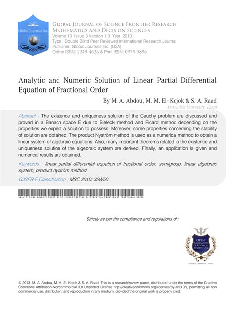 Pdf Analytic And Numeric Solution Of Linear Partial Differential Equation Of Fractional Order