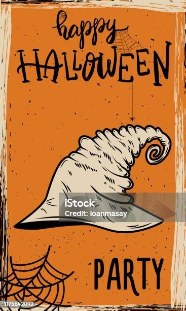 할로윈 파티의 전단지 템플릿입니다 그런지 배경에 마녀 모자 포스터 카드 배너에 대 한 디자인 요소입니다 벡터 일러스트레이션 10월에 대한 스톡 벡터 아트 및 기타 이미지