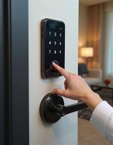 Woman Enters Password On Smart Phone Interface To Unlock Door Modern Security Tech Touch