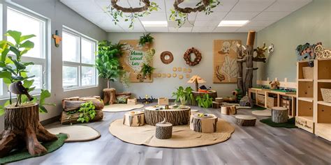 Nurturing Classroom With Natural Elements Like Tree Stumps Plants And