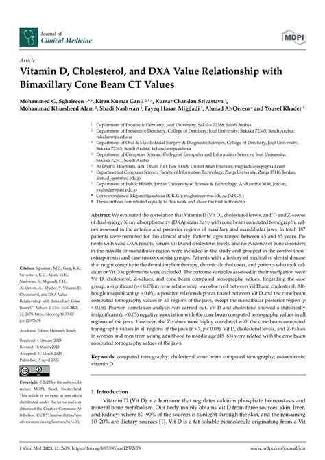 Pdf Vitamin D Cholesterol And Dxa Value Relationship With Bimaxillary Cone Beam Ct Values