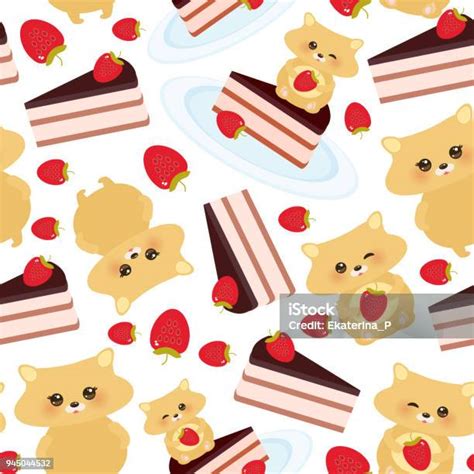 신선한 딸기와 원활한 패턴 귀여운 귀여운 햄스터 케이크 장식 핑크 크림과 초콜릿 장식 파란색 접시에 케이크의 조각 흰색 배경 디자인에 파스텔 색상 벡터 가축에 대한 스톡