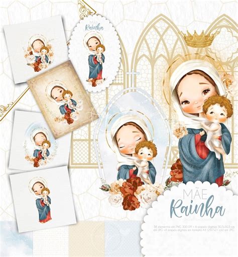 Kit Digital Santinhos Mãe Rainha Maria Nossa Senhora Png Ilustrei Studio