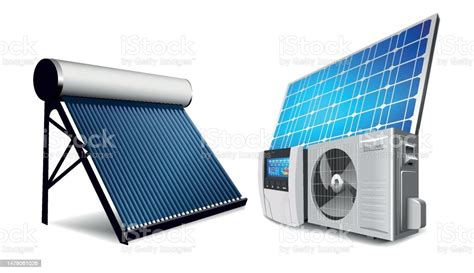 히트 펌프 인버터 및 태양 전지판을 그린 에너지 시스템 개념으로 열펌프에 대한 스톡 벡터 아트 및 기타 이미지 열펌프 집 연료 및 전력 생산 Istock