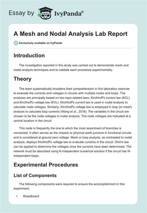 A Mesh And Nodal Analysis Lab Report 662 Words Essay Example