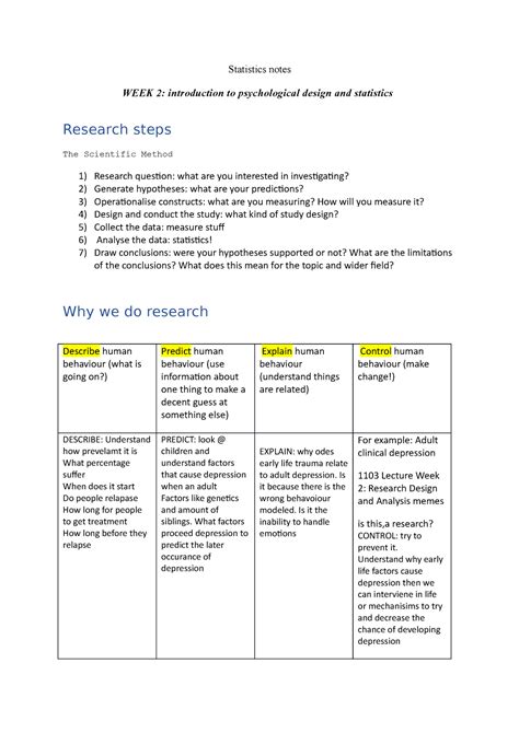 Statistics Notes Statistics Notes WEEK Introduction To Psychological Design And