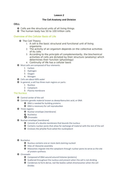 Cell Structure Lecture Notes Lesson The Cell Anatomy And Division