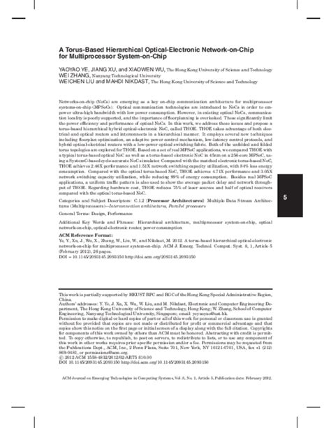 Pdf A Torus Based Hierarchical Optical Electronic Network On Chip For Multiprocessor System On