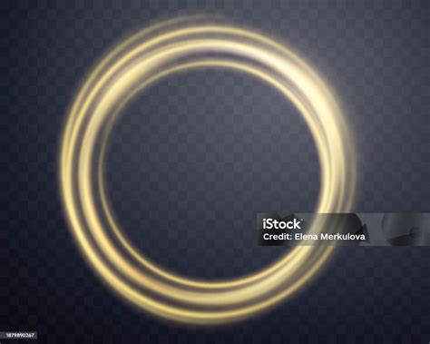 연기가 나는 금색 마법의 빛나는 반지 네온 현실적인 에너지 플레어 헤일로 링 어둡고 투명한 배경에 추상적인 조명 효과 벡터 일러스트 레이 션입니다 검은색에 대한 스톡 벡터