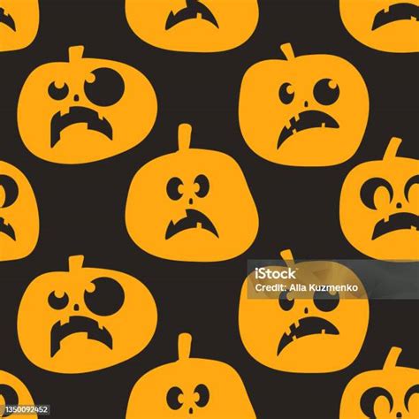 검은 색 배경에 빛나는 할로윈 호박의 매끄러운 패턴 무섭고 재미있는 얼굴 귀여운 호박 이나 유령 벡터 가을 휴일 일러스트레이션 10월에 대한 스톡 벡터 아트 및 기타 이미지