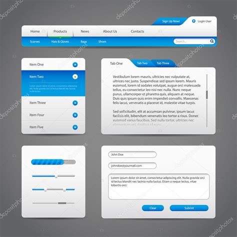 Web Ui Controls Elements Gray And Blue On Dark Background 3 Navigation Bar Buttons Slider
