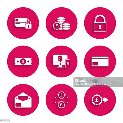 휴대 전화와 비트 코인 돈 교환 동전 돈 파운드 스털링 기호 봉투 스택 종이 현금 잠금 및 신용 카드 잠금 아이콘으로 컴퓨터 모니터를 설정합니다 벡터 0명에 대한 스톡 벡터