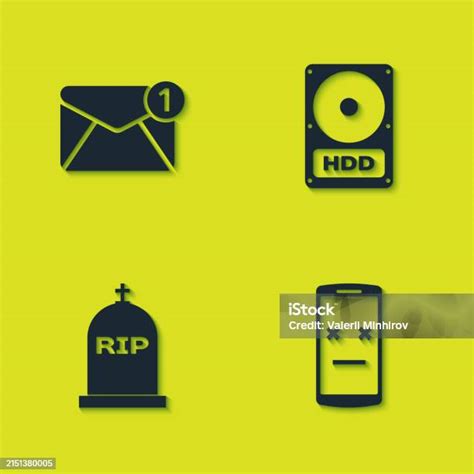 새로 만들기 이메일 수신 메시지 데드 모바일 Rip가 쓰여진 삭제 표시 및 하드 디스크 드라이브 Hdd 아이콘을 설정합니다 벡터 Brand Name Smart Phone에