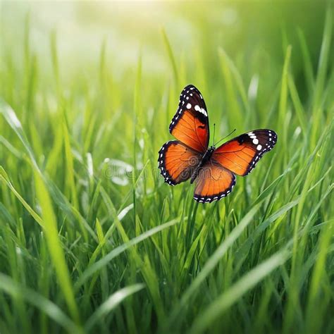 Flying Butterfly With Blue Wings Fresh Juicy Grass Background Saving
